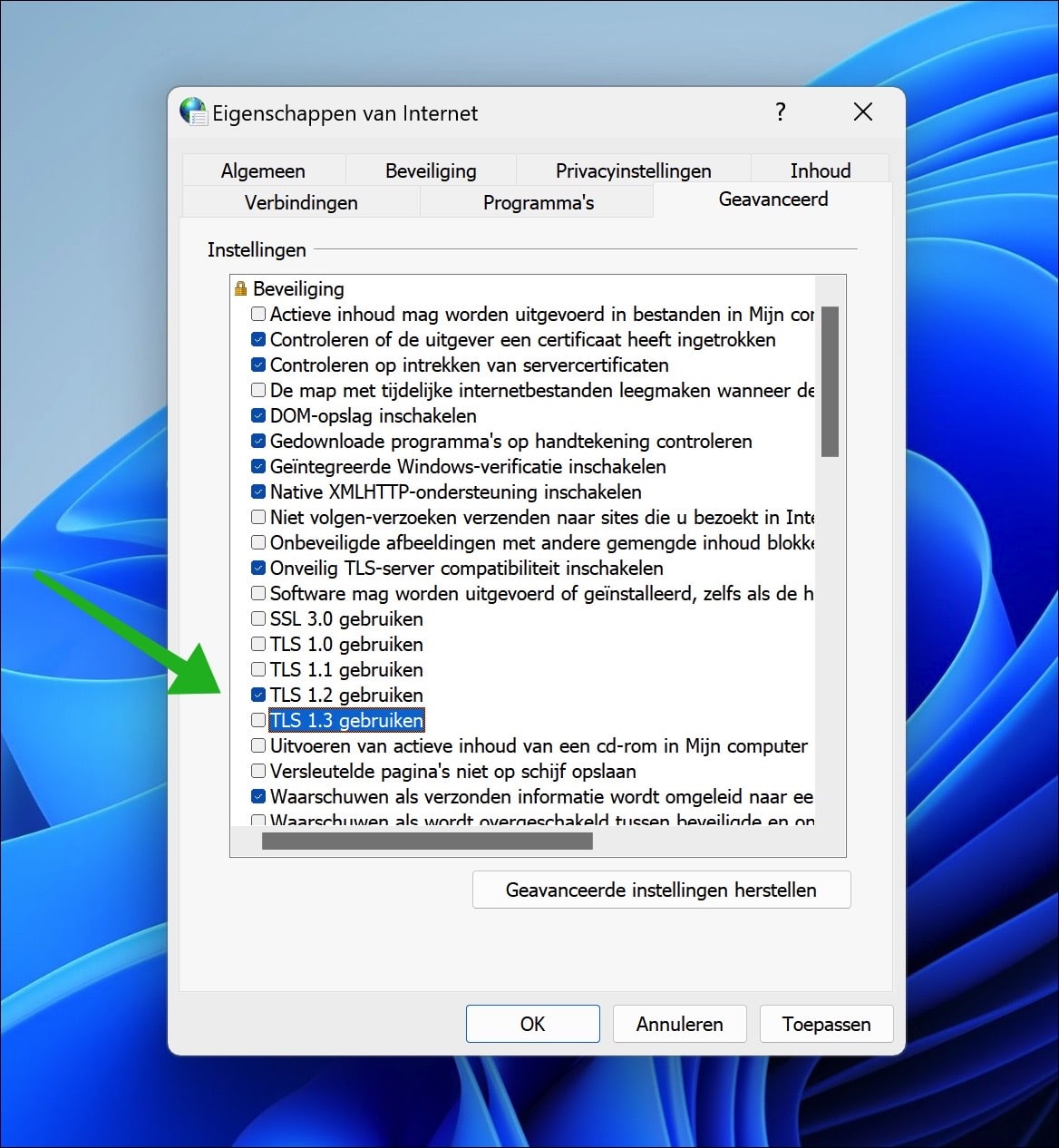 TLS (Transport Layer Security) wijzigen in Windows 11