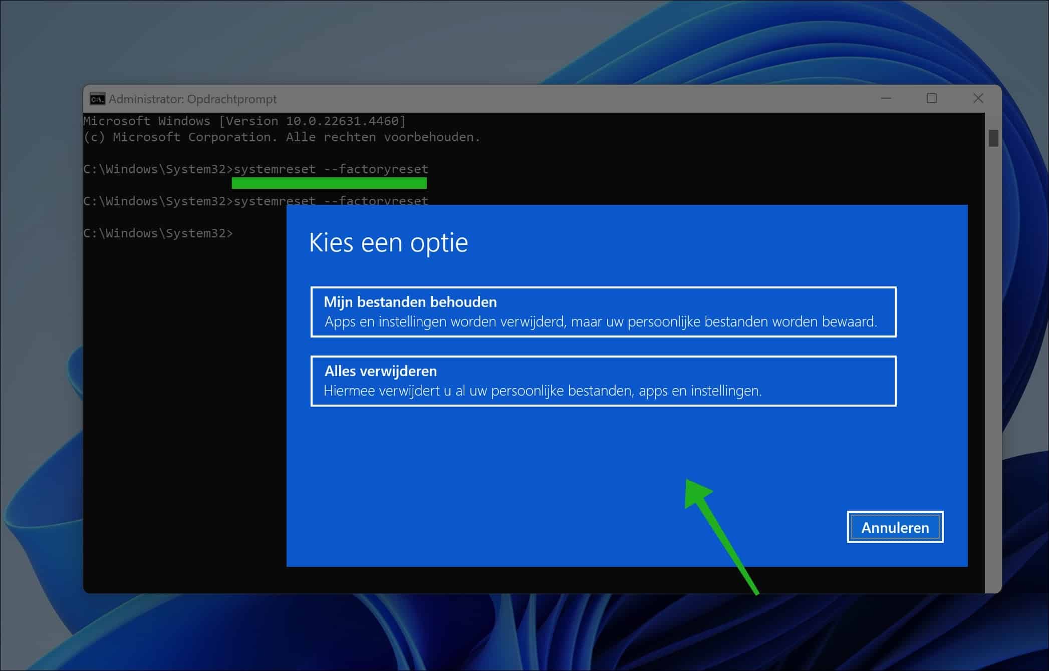 Windows herstellen naar fabrieksinstellingen via Opdrachtprompt