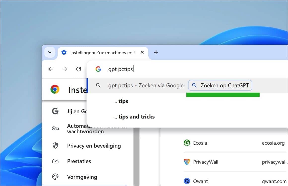 ChatGPT instellen als zoekmachine in Google Chrome browser