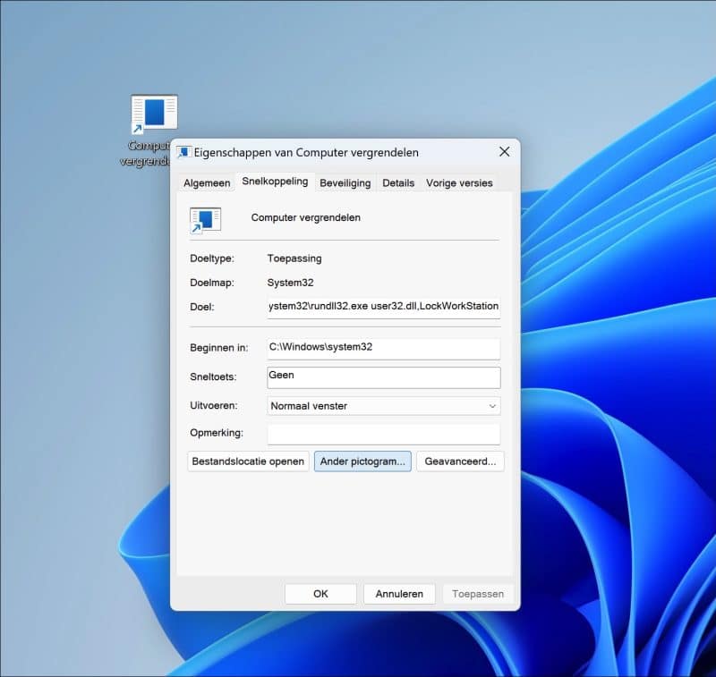 Computer vergrendelen snelkoppeling maken op bureaublad