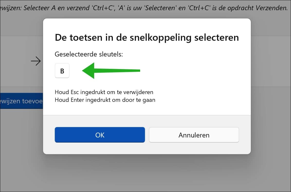 Toetsen of snelkoppeling opnieuw toewijzen