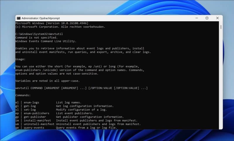 Wevtutil gebruiken in Windows 11 of 10 - PC Tips